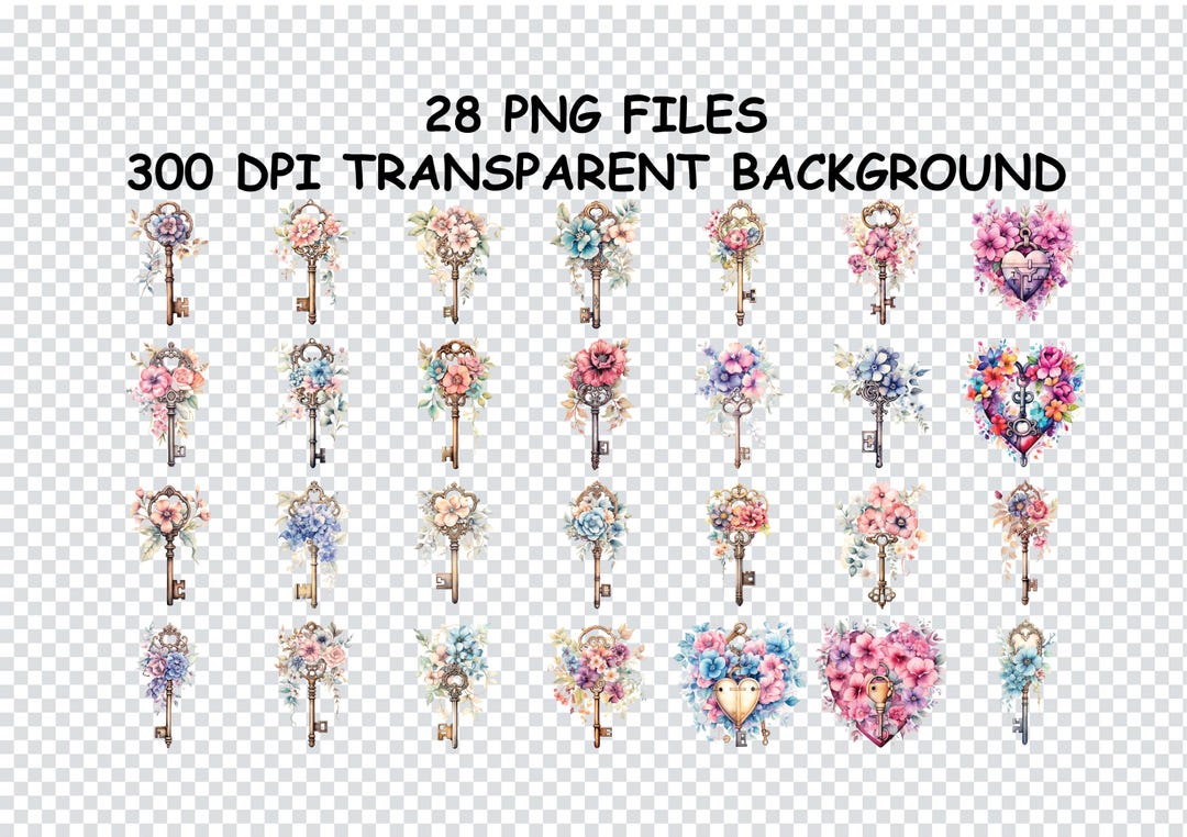FLORAL KEY WATERCOLOR Png, Vintage Key Clipart, Romantic Decor Svg ...