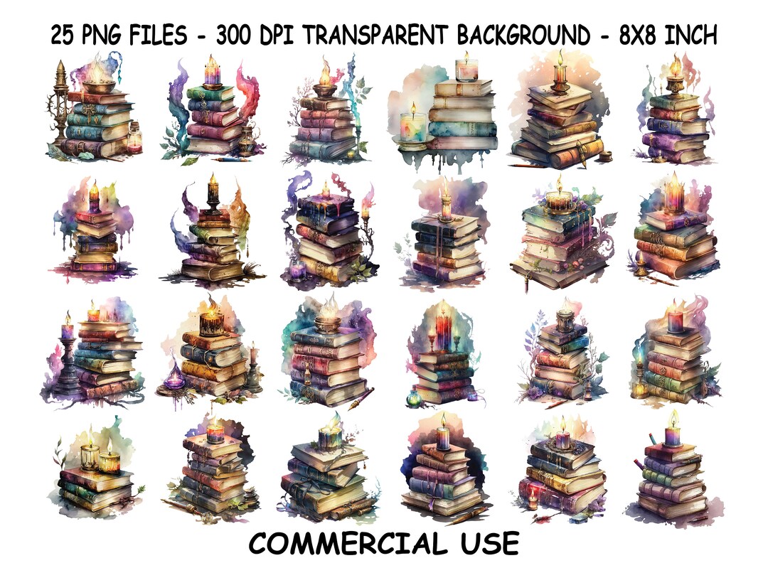 MAGIC BOOKS WATERCOLOR Clipart, Books With Candle Watercolor Png, Magic ...