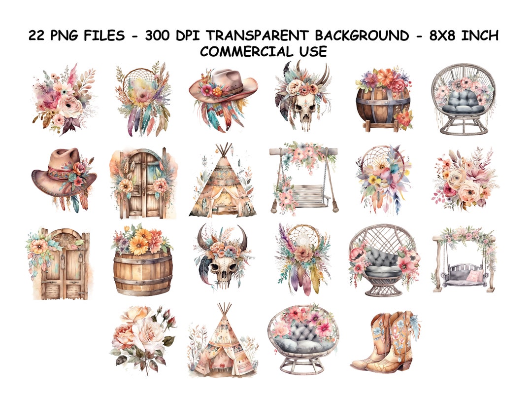 WATERCOLOR WESTERN BOHO Clipart, Watercolor Western Boho for Commercial ...