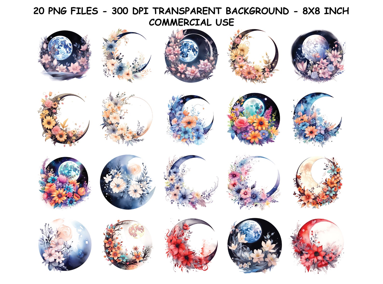WATERCOLOR FLORAL MOONS Clipart Watercolor Floral Moons Png - Etsy