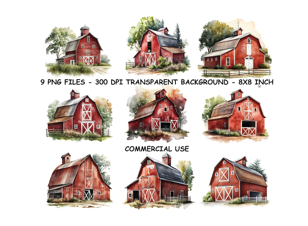 RED FARM BARN Watercolor Clipart, Farmhouse Watercolor Png, Farmers ...