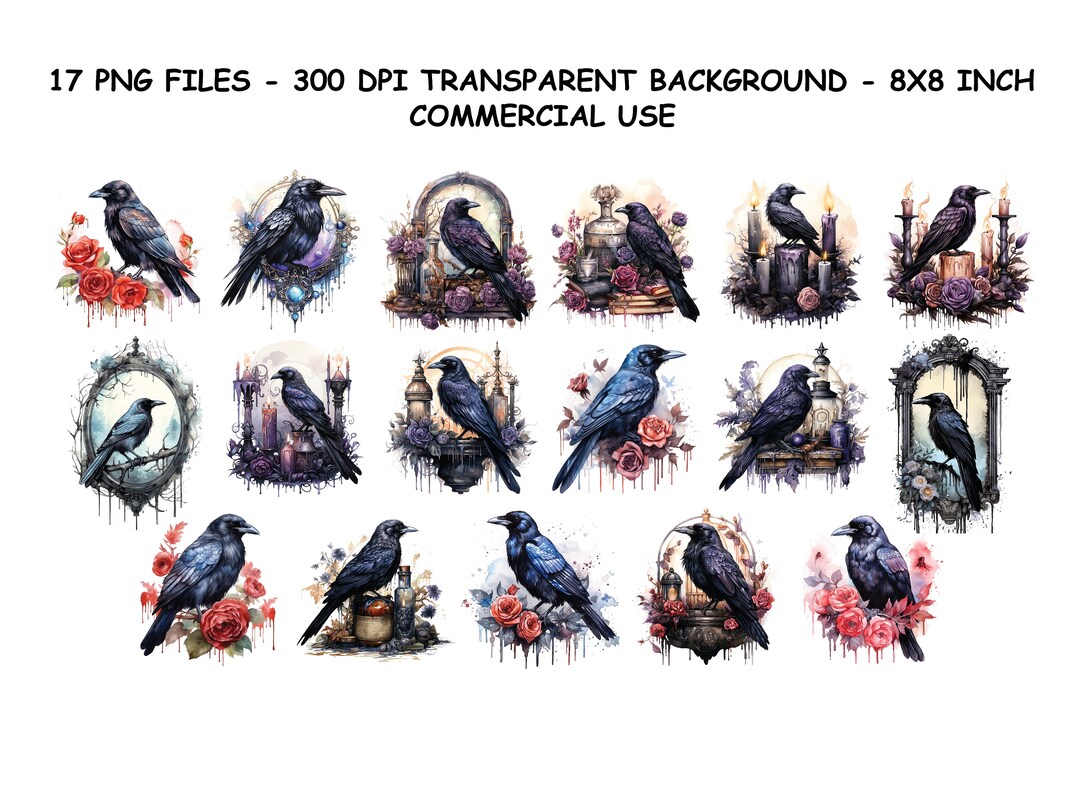 WATERCOLOR GOTHIC RAVENS Clipart, Watercolor Gothic Ravens Clipart Png ...