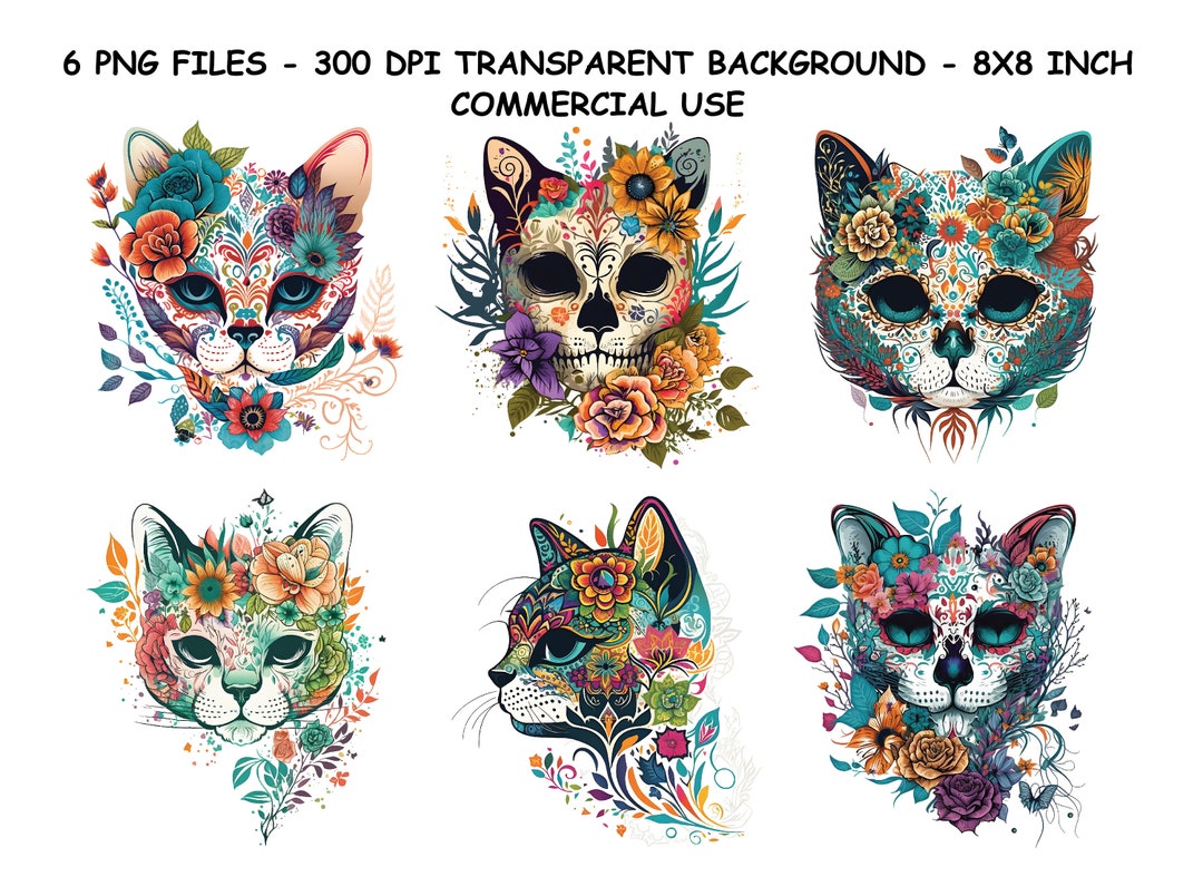 SUGAR SKULL CAT Png, Colorful Sugar Skull Cat Png, Day of the Dead ...