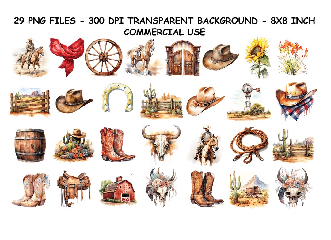 WATERCOLOR WESTERN CLIPART, Texas Cowboy Png Files, Transparent ...