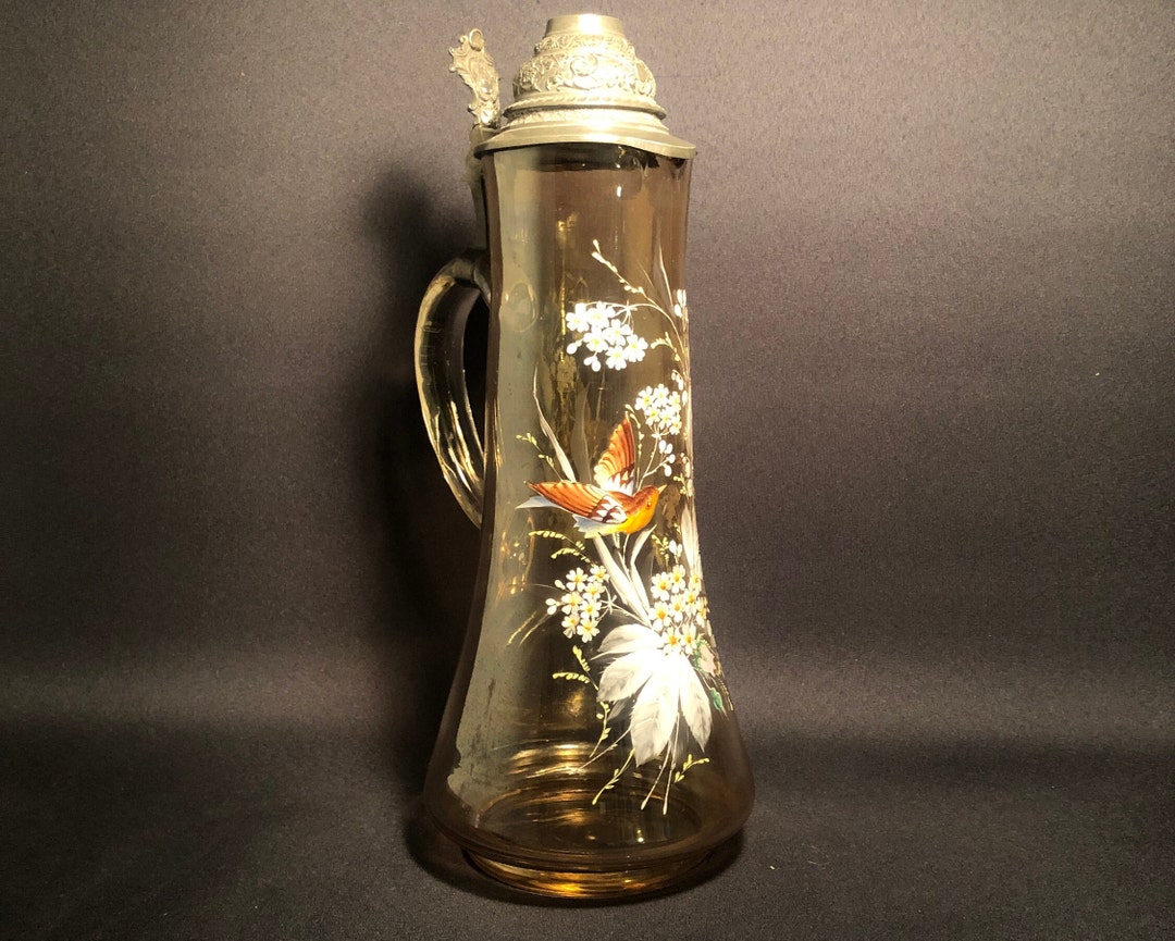 Antique Moser Bohemian Art Glass Pitcher - Beer Decanter - Enamel ...