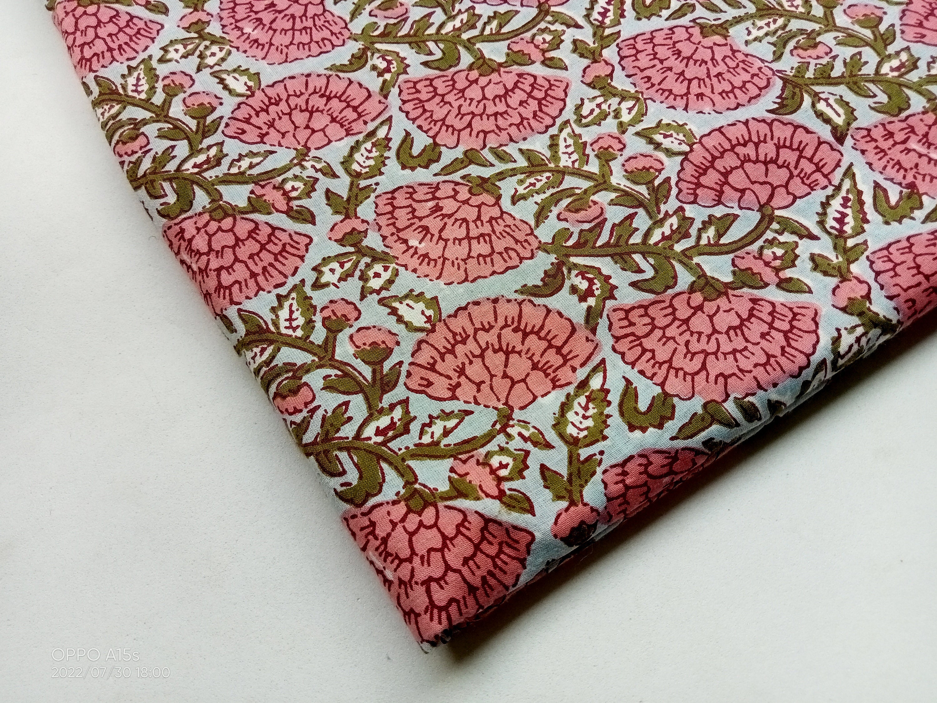 Hand Block Print Cotton Fabric, Indian Floral Print Salmon Pink & Blue ...