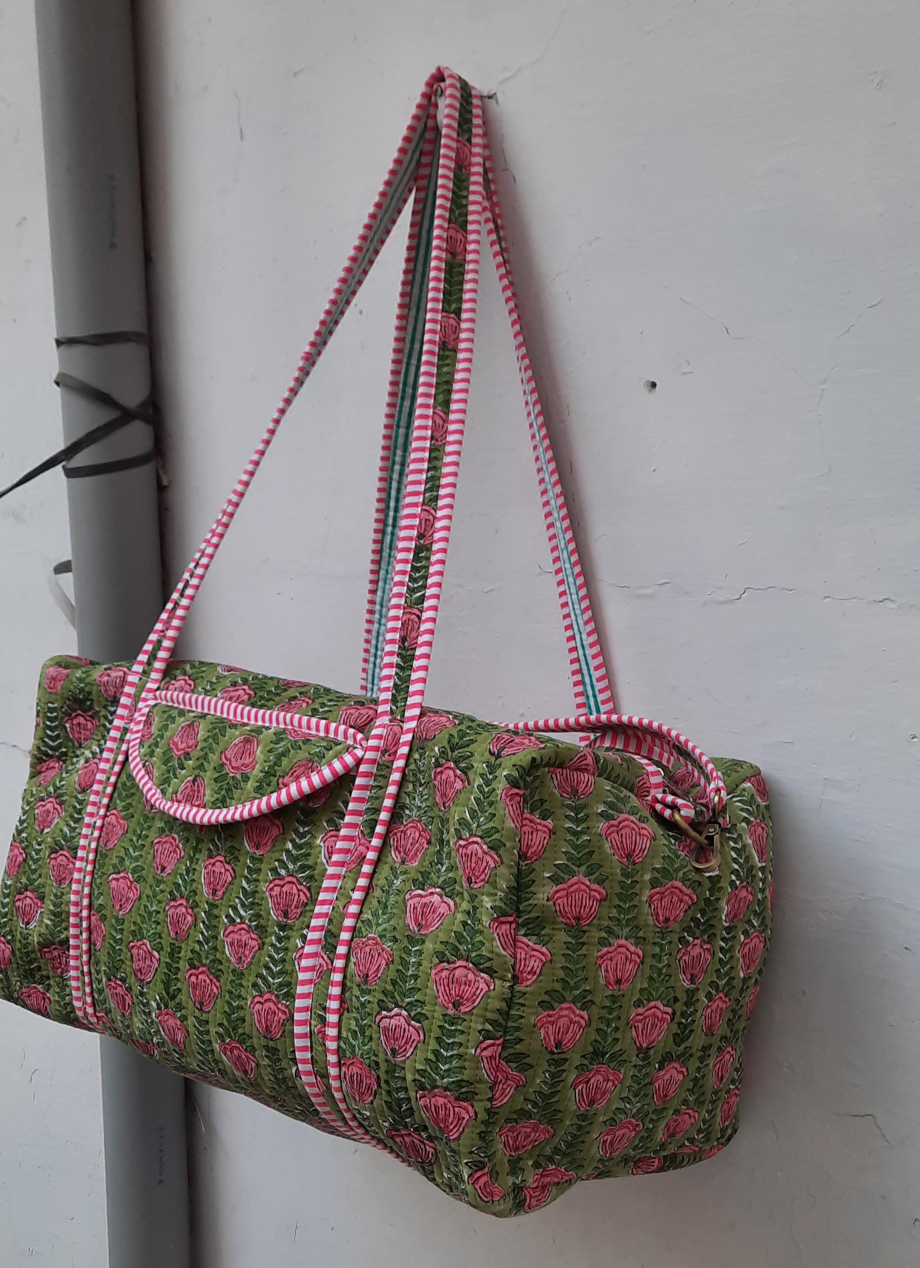 Hand Block Printed Large Cotton Duffle Bags, Quilted Weekender Travel ...