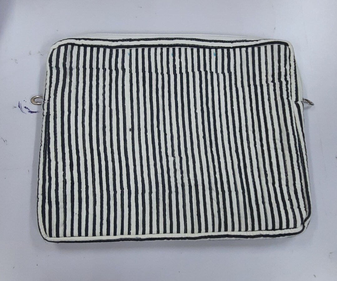 Handmade Quilted Laptop Sleeve: Dark Blue Striped Cotton MacBook Case ...