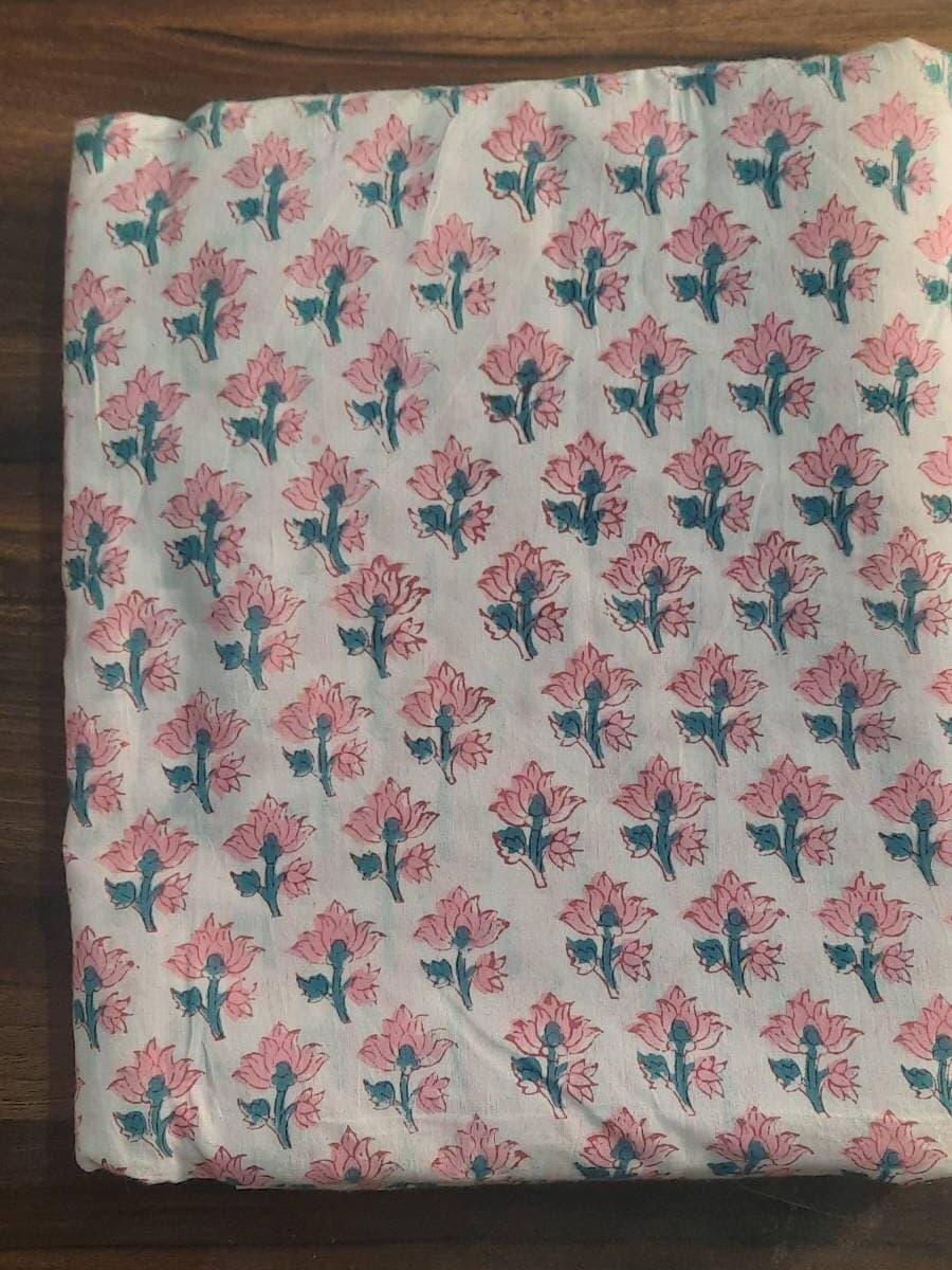Dark Salmon Pink Sage Green, Delft Blue Indian Floral Hand Block ...