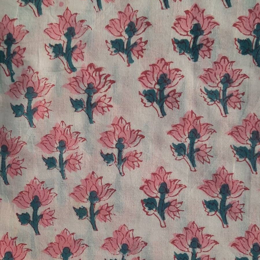 Dark Salmon Pink Sage Green, Delft Blue Indian Floral Hand Block ...