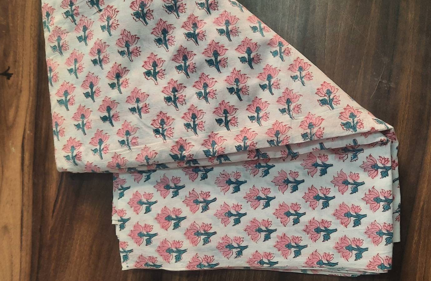 Dark Salmon Pink Sage Green, Delft Blue Indian Floral Hand Block ...