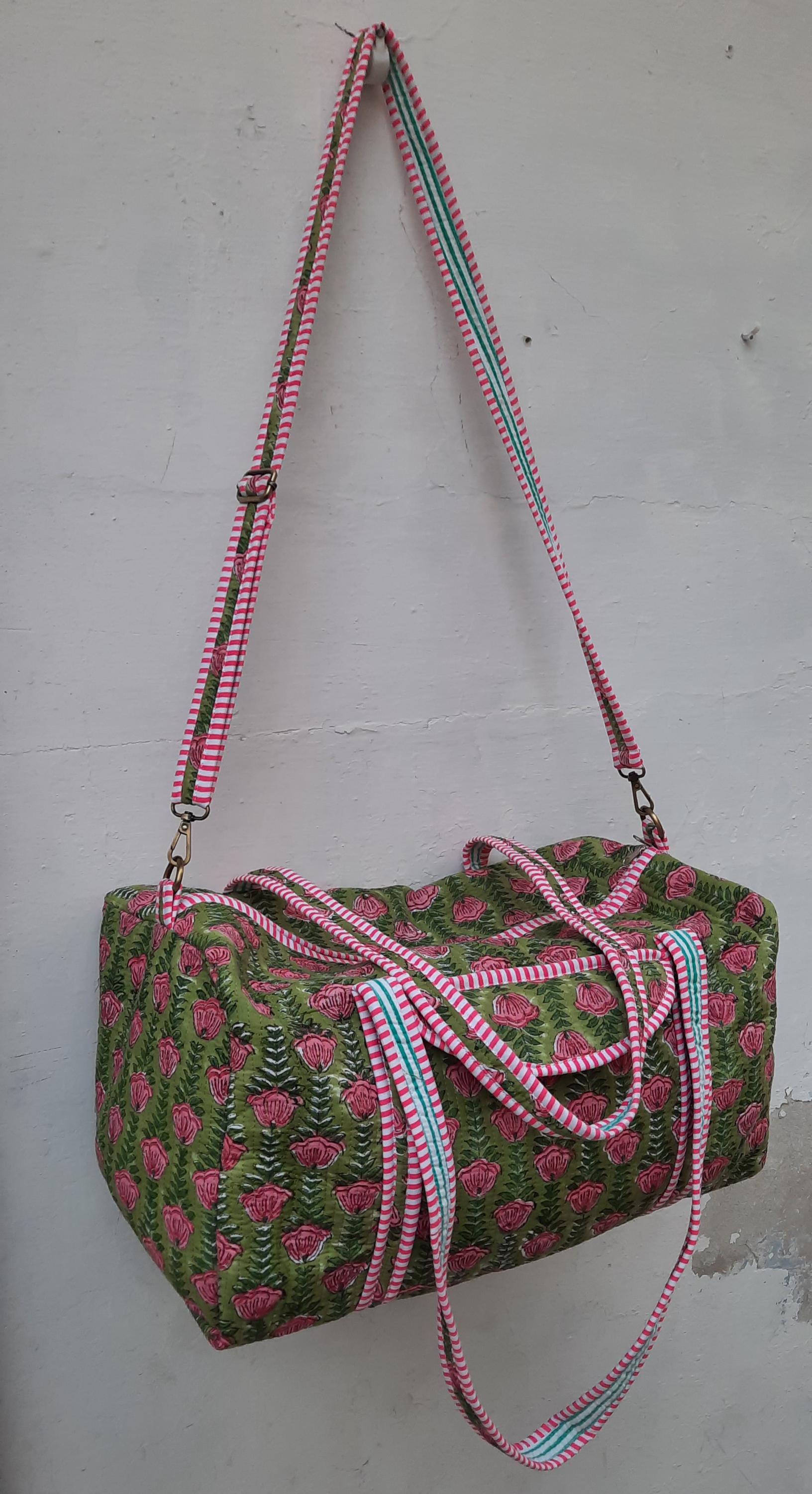 Hand Block Printed Large Cotton Duffle Bags, Quilted Weekender Travel ...