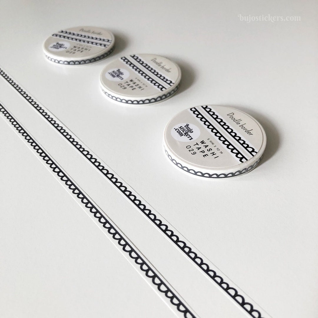 Slim Washi Tape • Doodle Border in Black and White • Decorative Masking ...