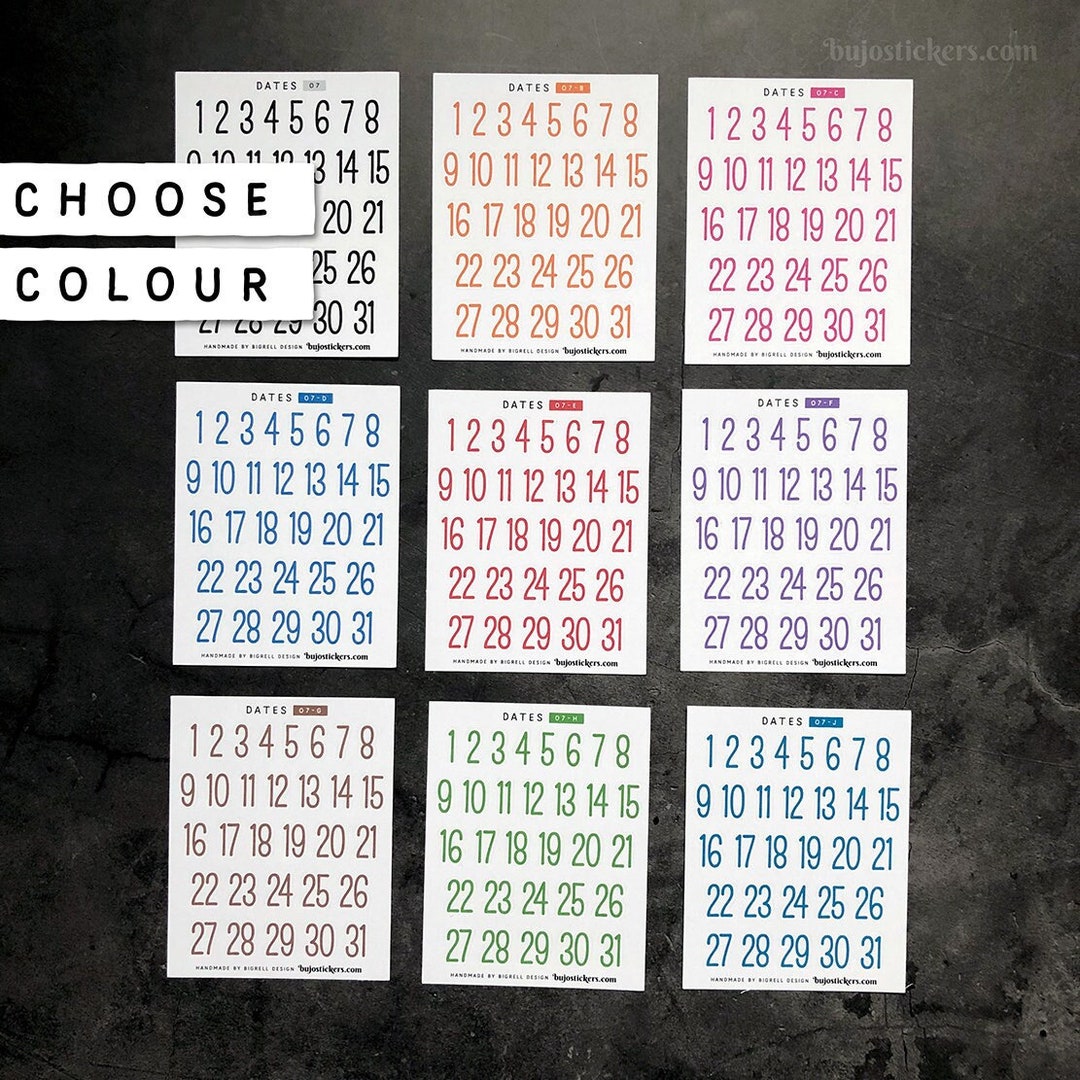 Datum stickers 1-31. 9 kleuren: zwart, oranje, blauw, rood, groen ...