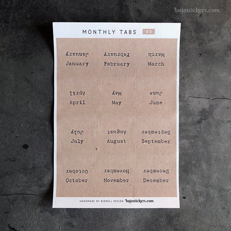 Monthly Tab Stickers 03 • Kraft Paper Style Tabs With Typewriter Style ...