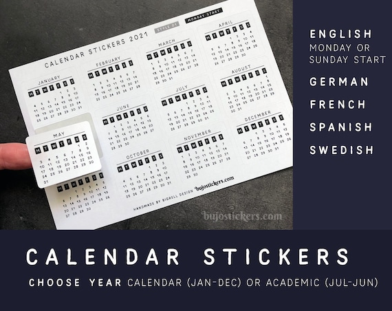 Monthly Calendar Stickers for One Year. Monday or Sunday | Etsy