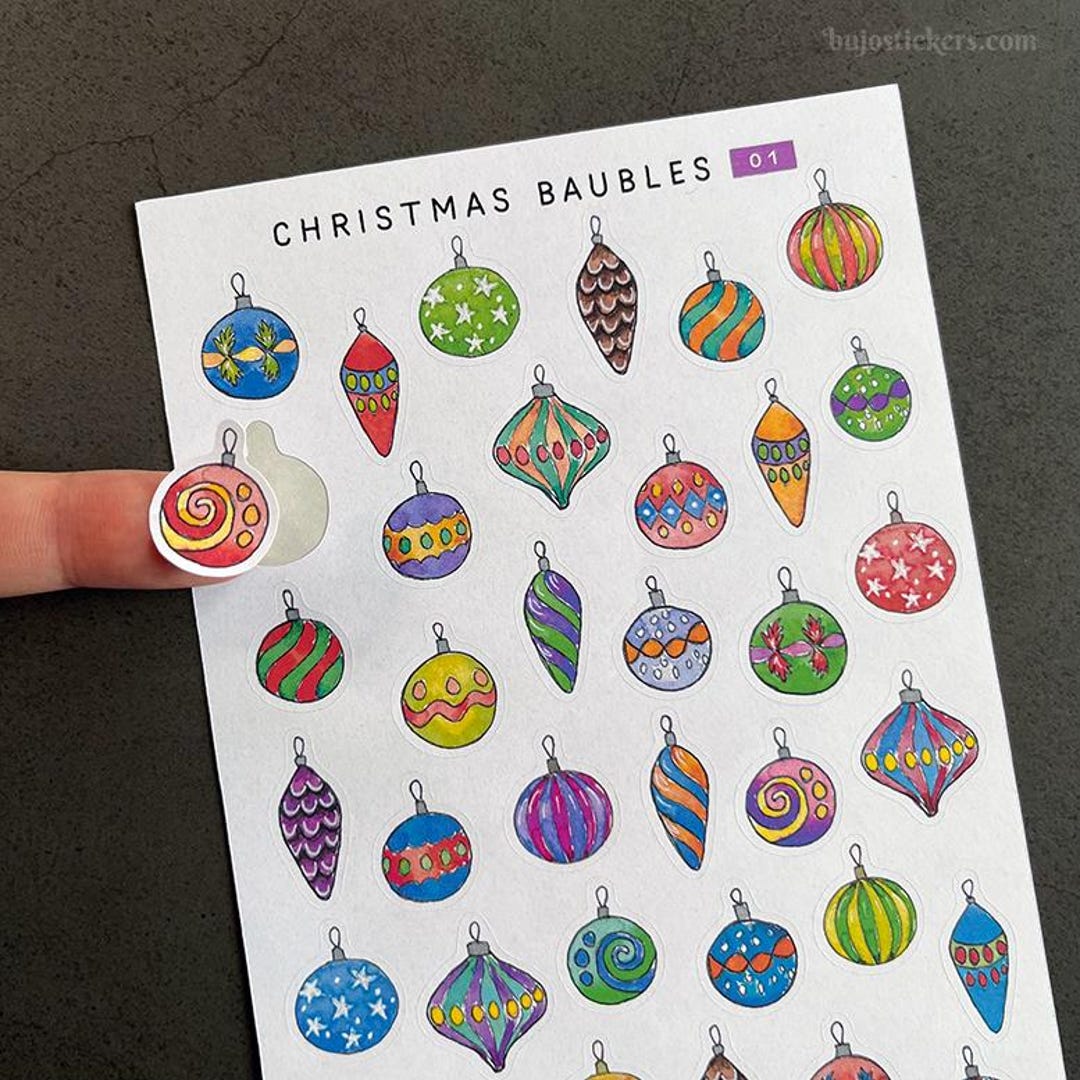Christmas Baubles Stickers. Hand Drawn Watercolor Colorful. Create ...
