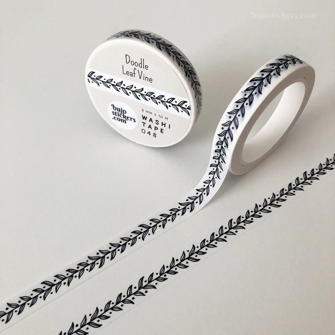 Slim Washi Tape • Doodle Leaf Vine • Border Tape in Black and White ...