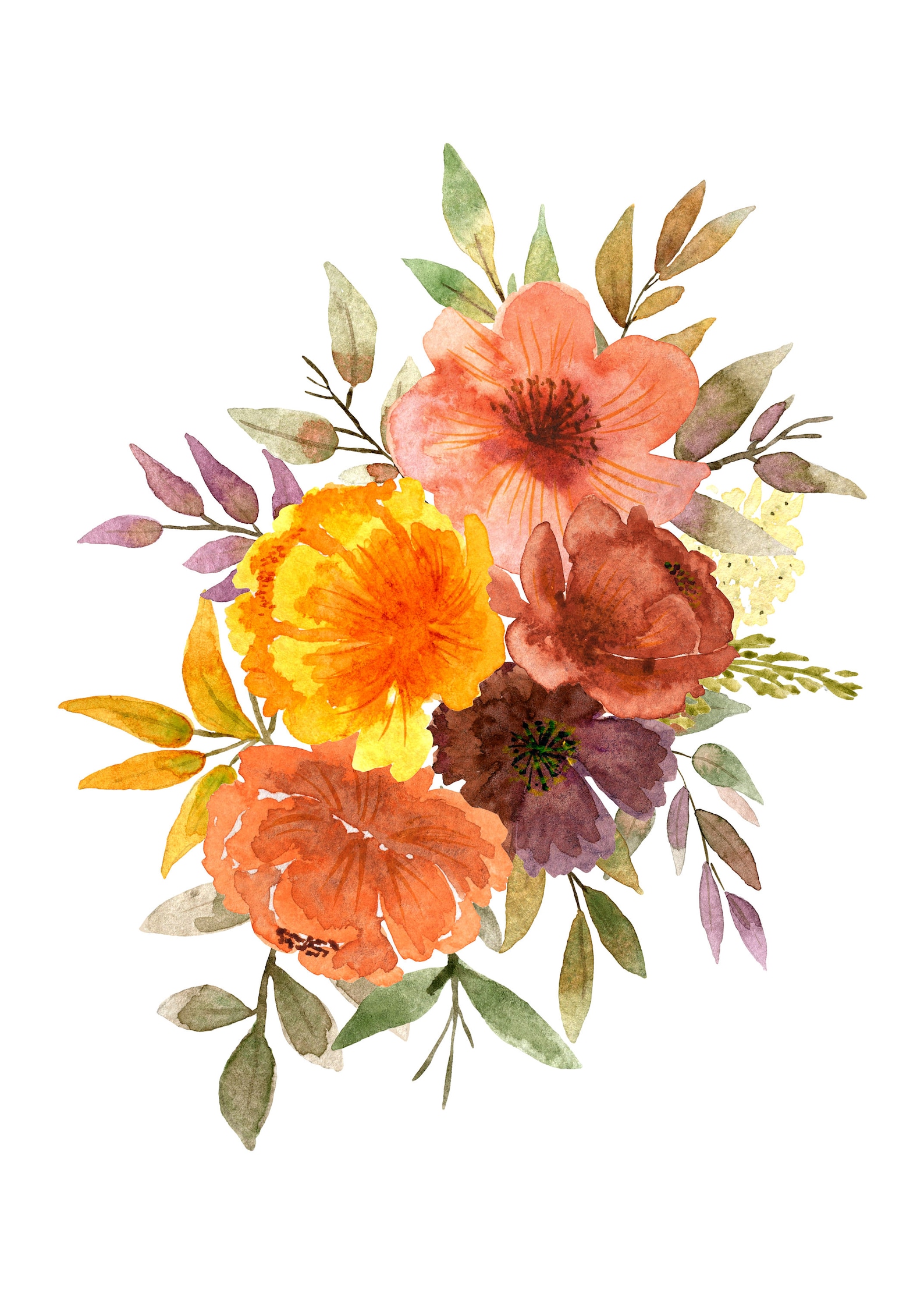 Autumn Flowers Watercolor Floral Clipart Brown Burgundy | Etsy