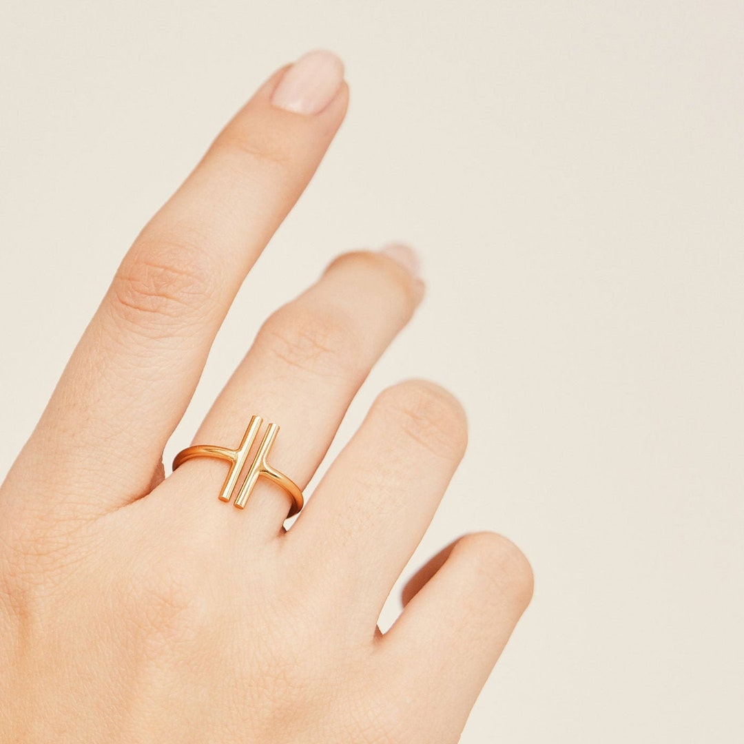 Dainty Bar Ring, Open Bar Ring, Ring Gift, Double Bar, Gold T Ring, T ...