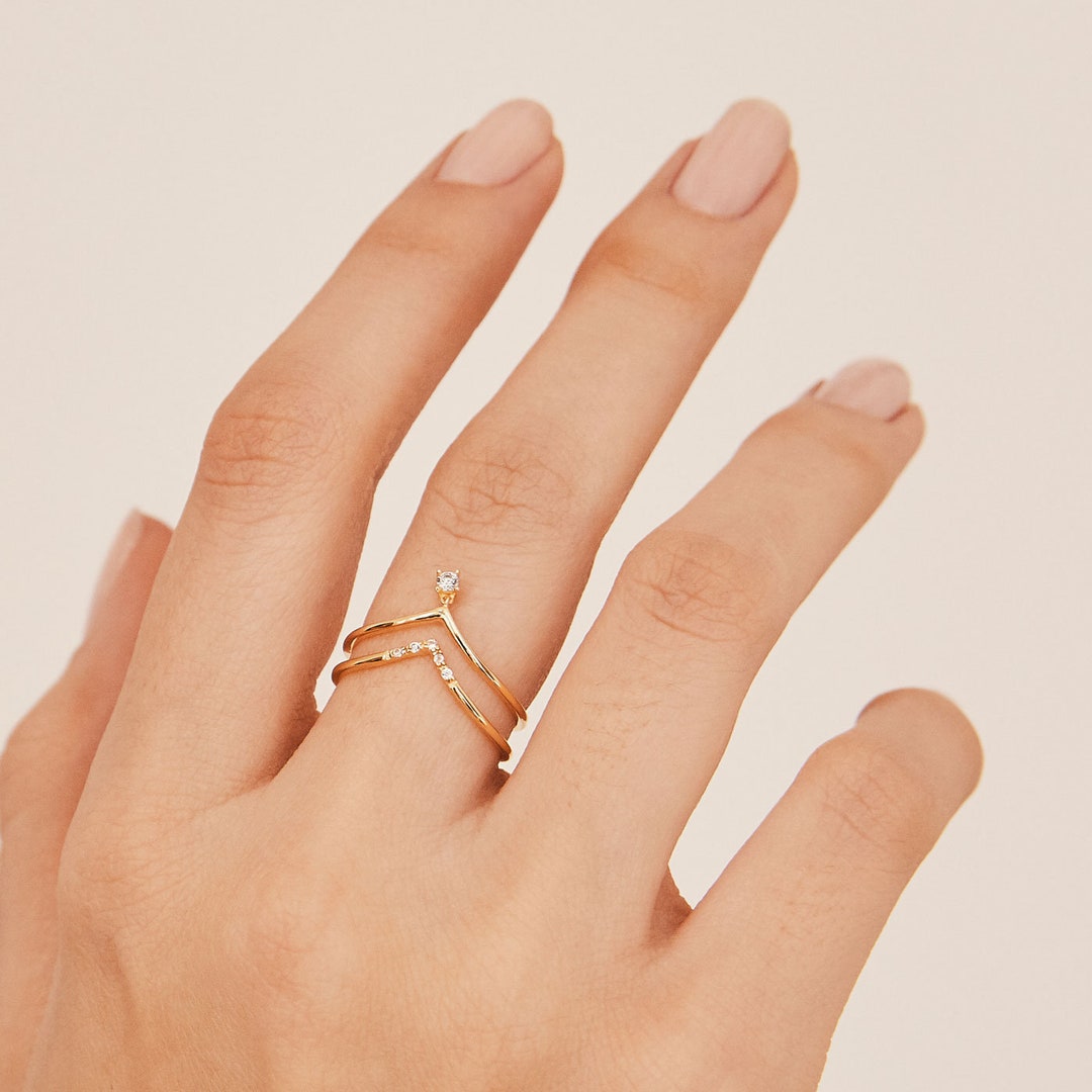 Double V Gold Ring, Dainty Elegant Ring, 18k Gold Plated Double Ring ...