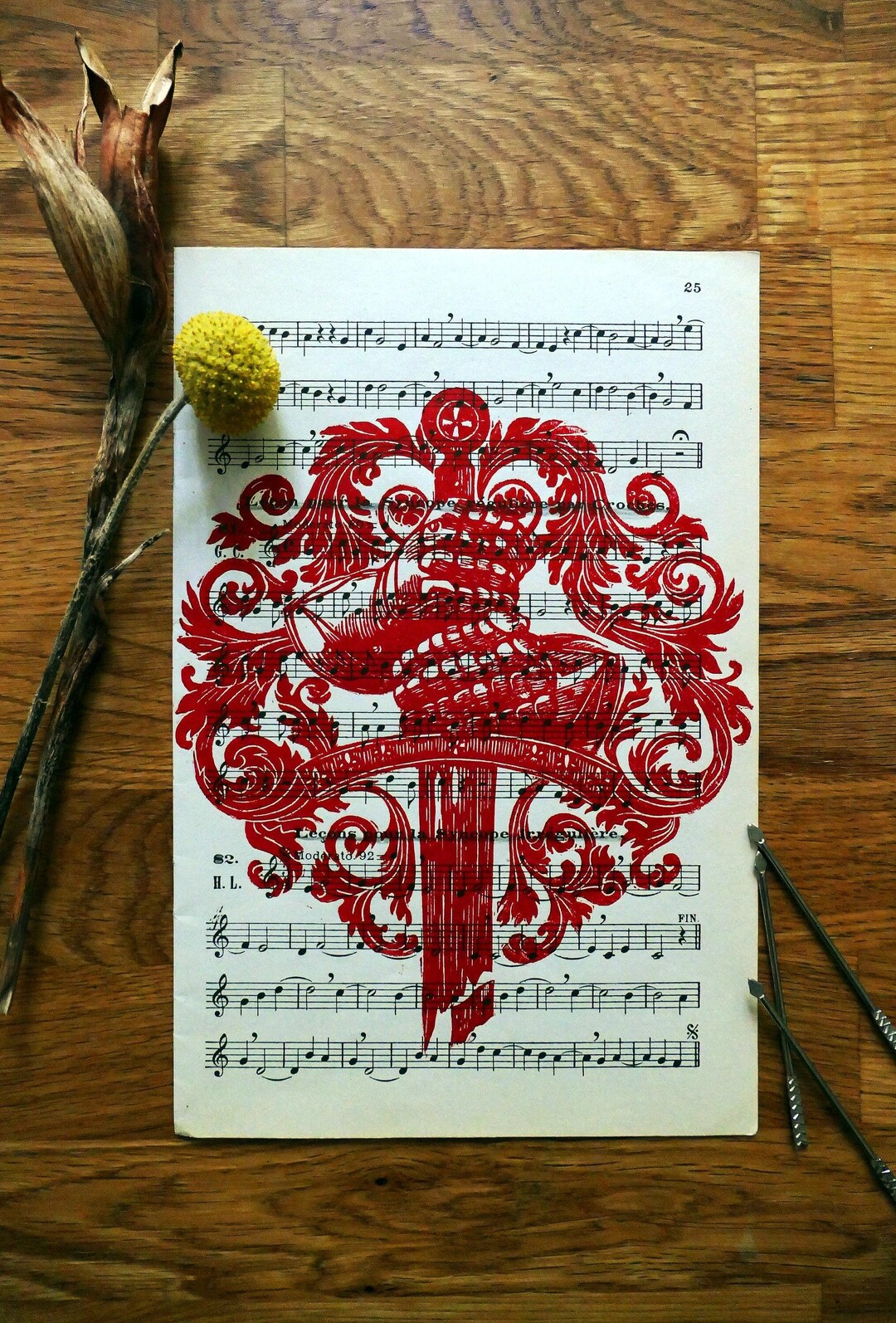 Linocut Art Print: Medieval Sword on Vintage Music Sheet - Etsy