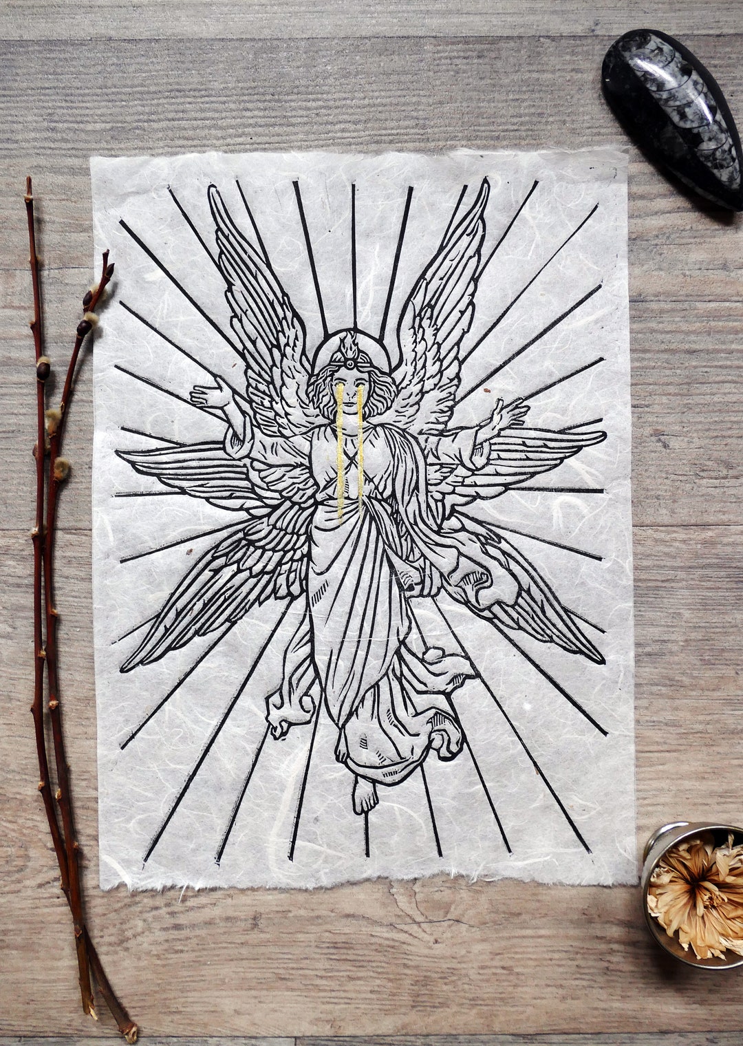 Linocut 2 Farben Druck auf Maulbeerpapier Angel | Achaiah Linoprint ...