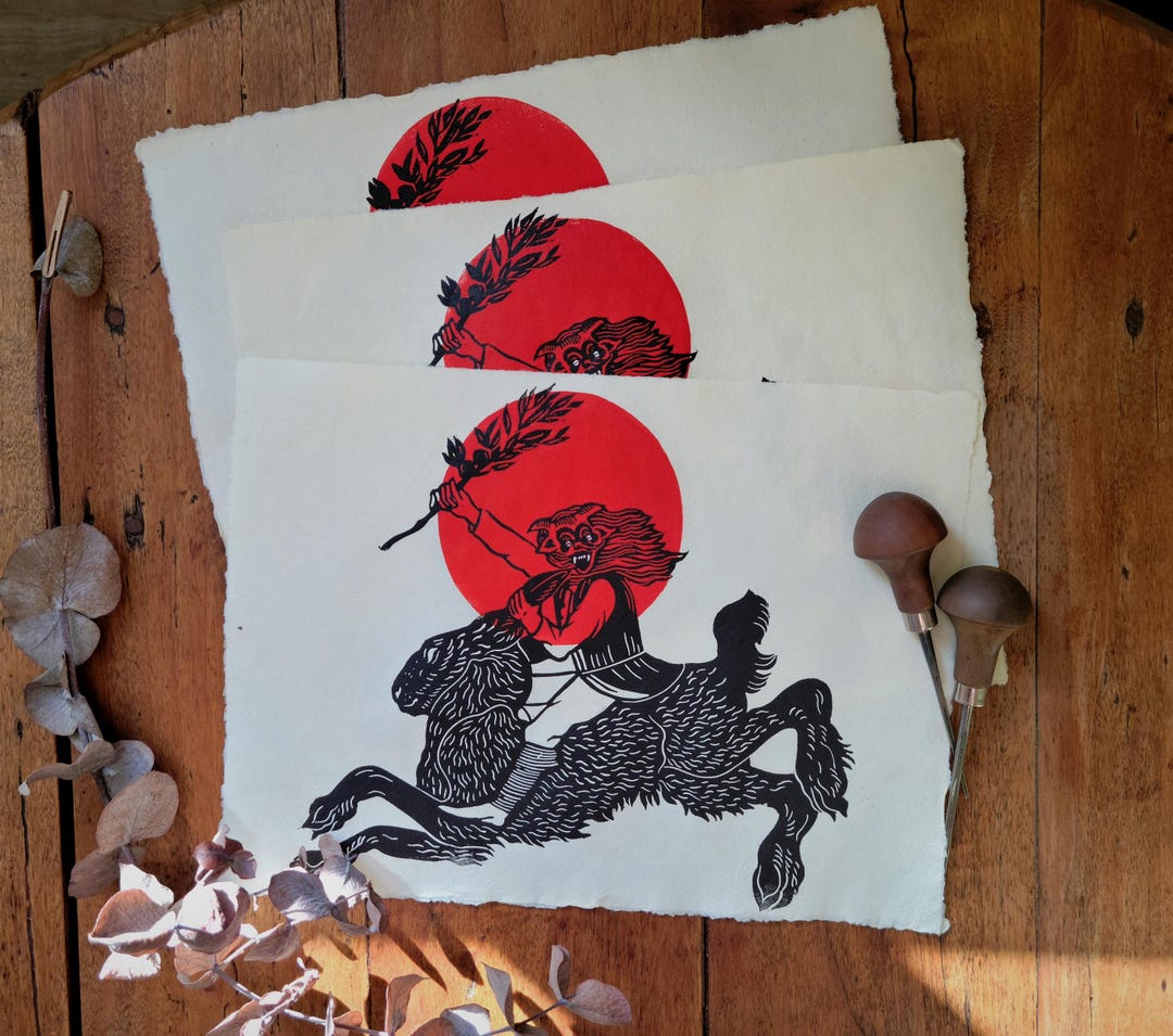 Impression Linogravure Rouge Et Noire La Chevauchée Masquée || Art ...
