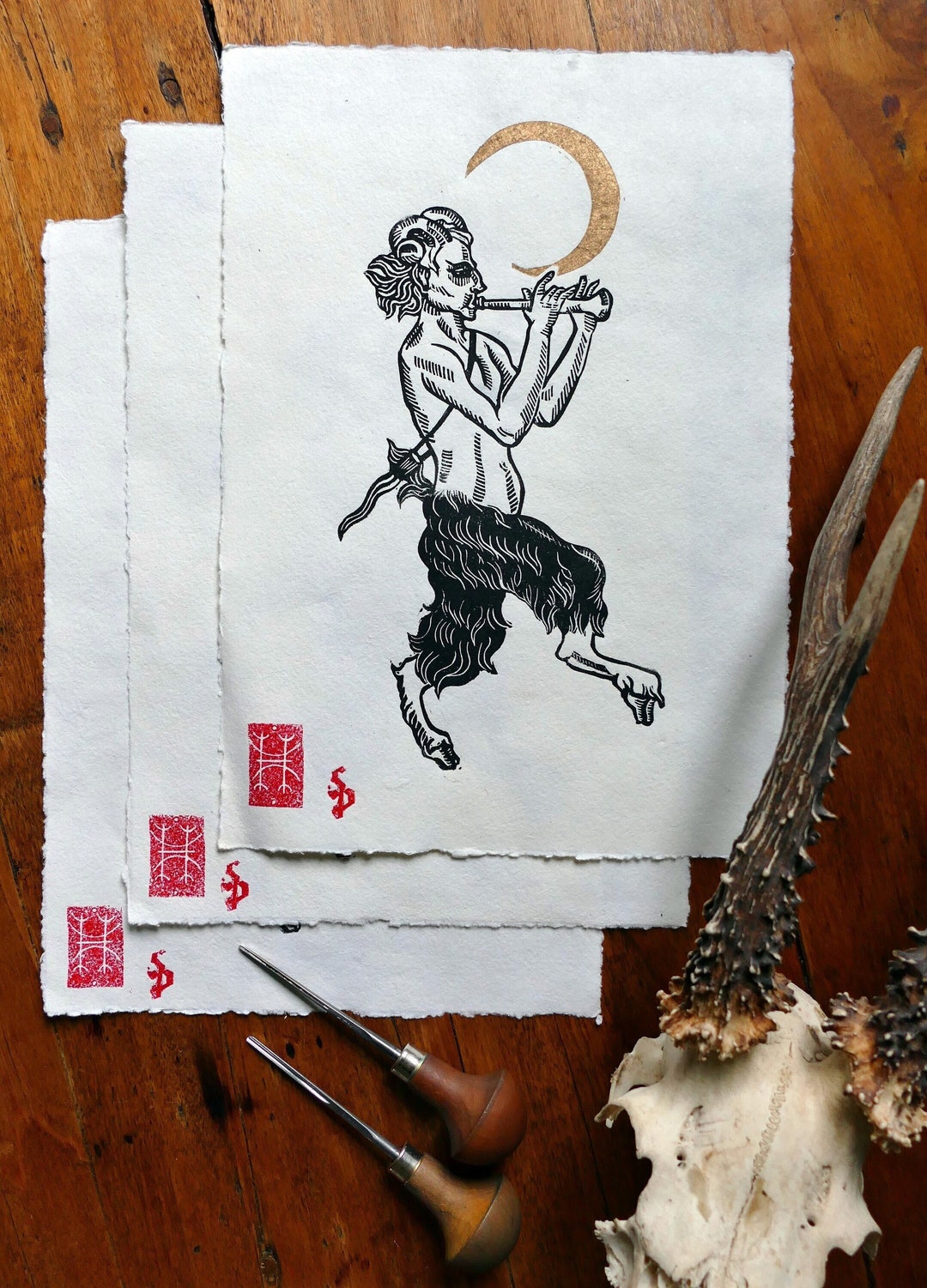 Handmade Linocut Art Print: Gold Moon Pagan God Pan - Etsy