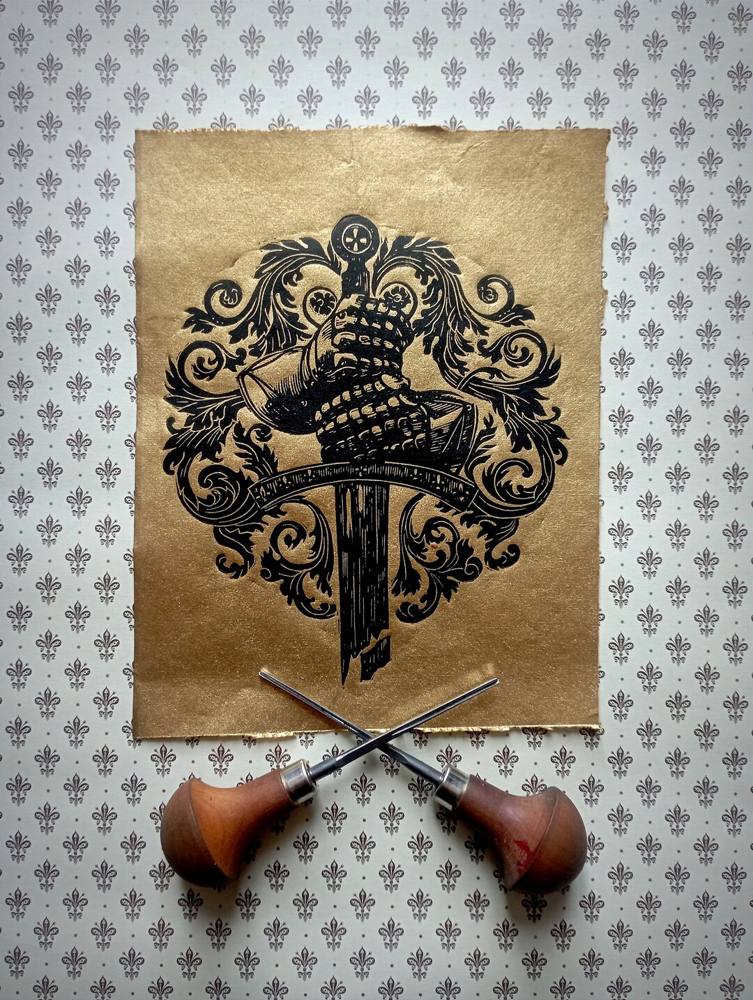 Hand Printed Linocut Art Print: Medieval Sword on Gold Paper - Etsy