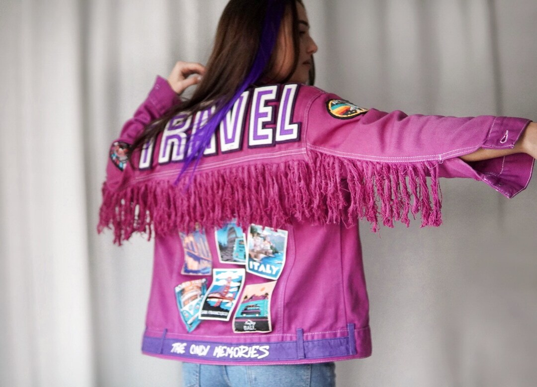 Fringe Jacket, Painted Denim Pink Jacket, Travel Jacket Women, Fringe ...