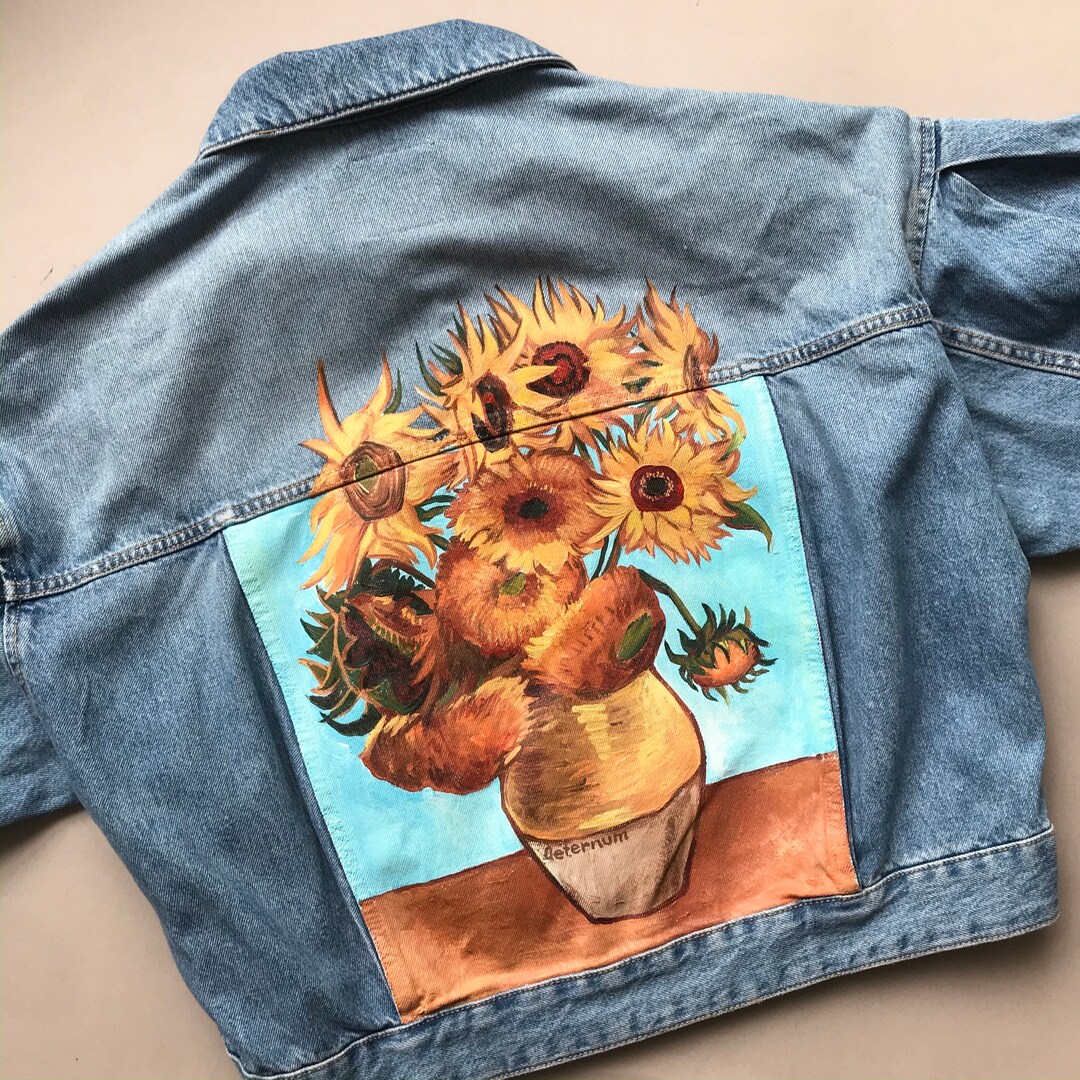 Van Gogh Sunflowers Hand Painted Woman Denim Jacket, Customized Denim ...