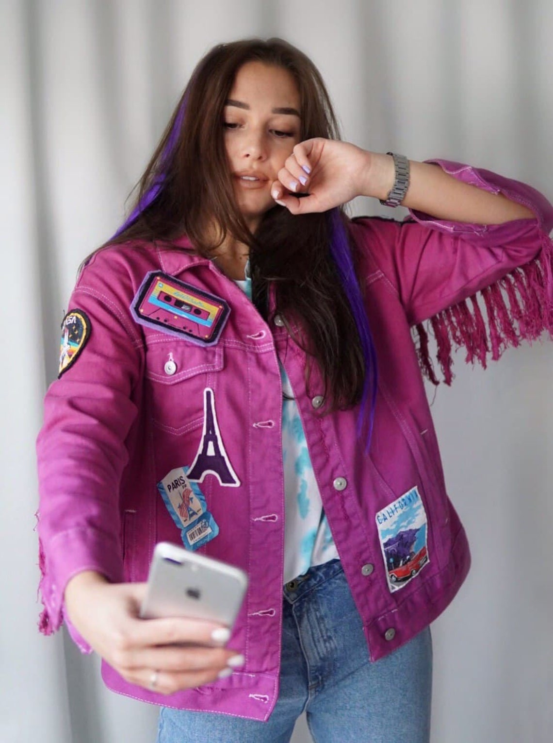 Fringe Jacket Painted Denim Pink Jacket Travel Jacket Women | Etsy
