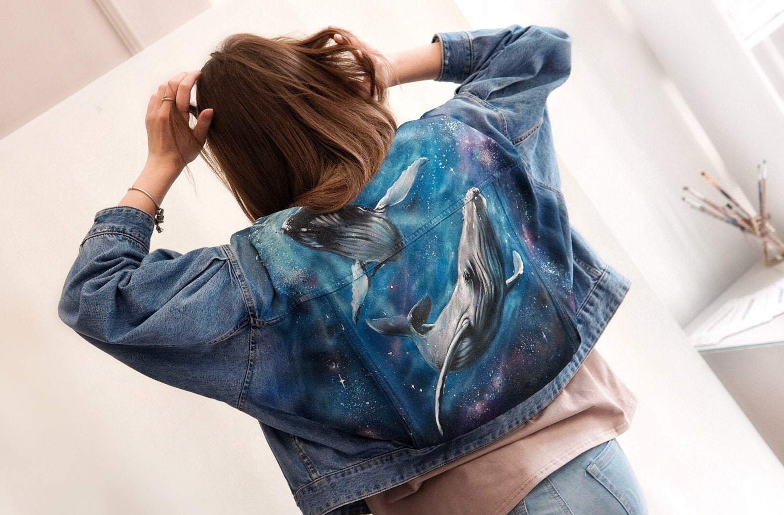Blue Whales Art Hand-painted Denim Jacket Painted Jean | Etsy