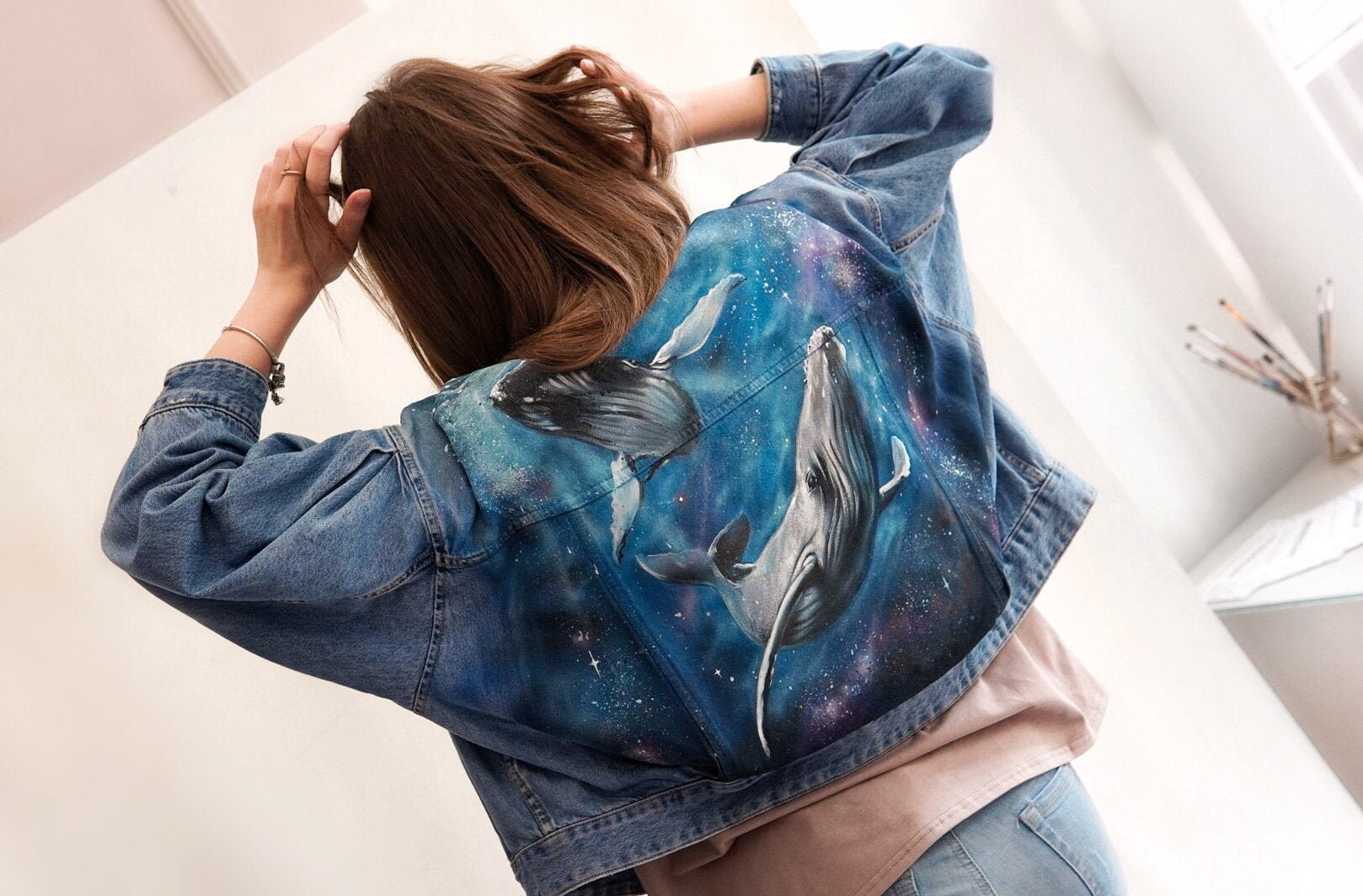 Blue Whales Art Hand-Painted Denim Jacket Painted Jean | Etsy