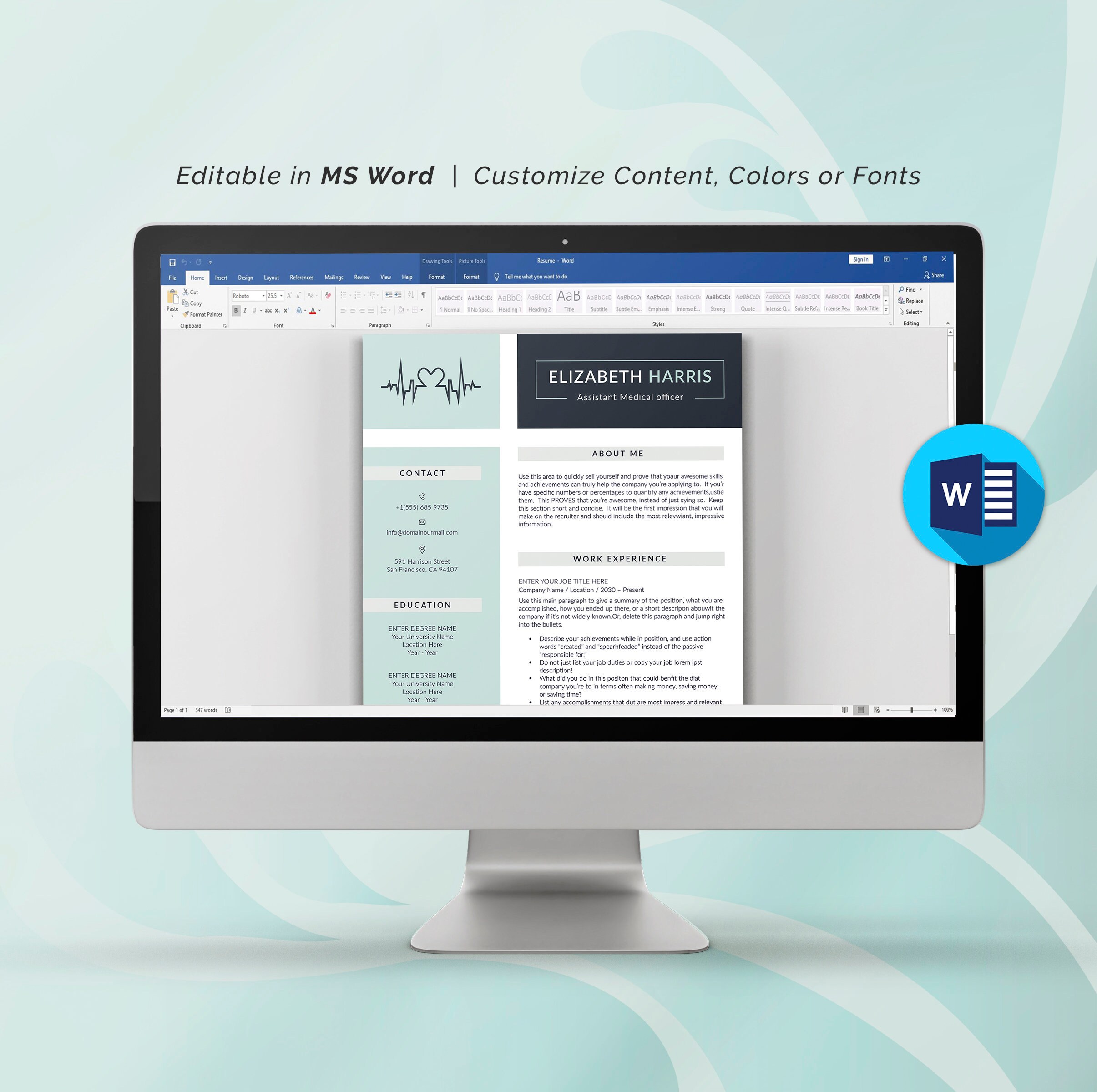 Medical Resume Template for Canva & MS Word, Modern Resume Templates ...