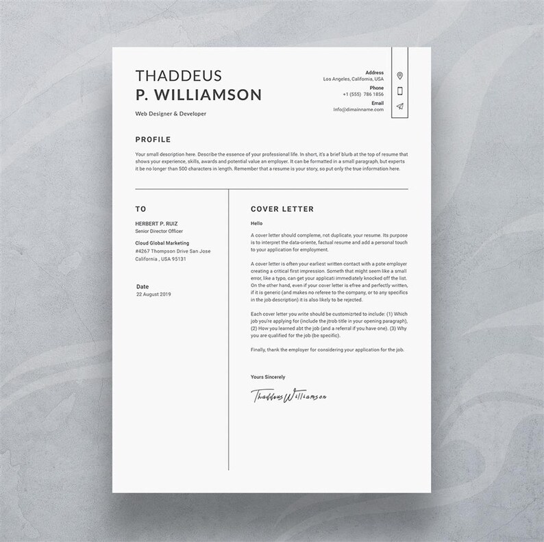 Resume Template CV Template Matching Cover Letter Minimal - Etsy