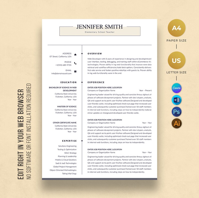 Elementary School Teacher Resume for Canva, CV Template, Cover Letter ...