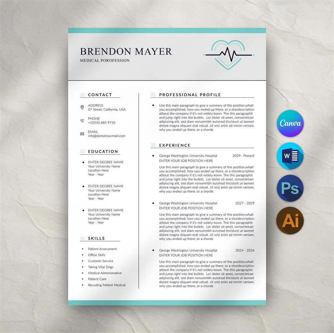 Nursing Resume Template for Canva, MS Word, Illustrator & Photoshop ...