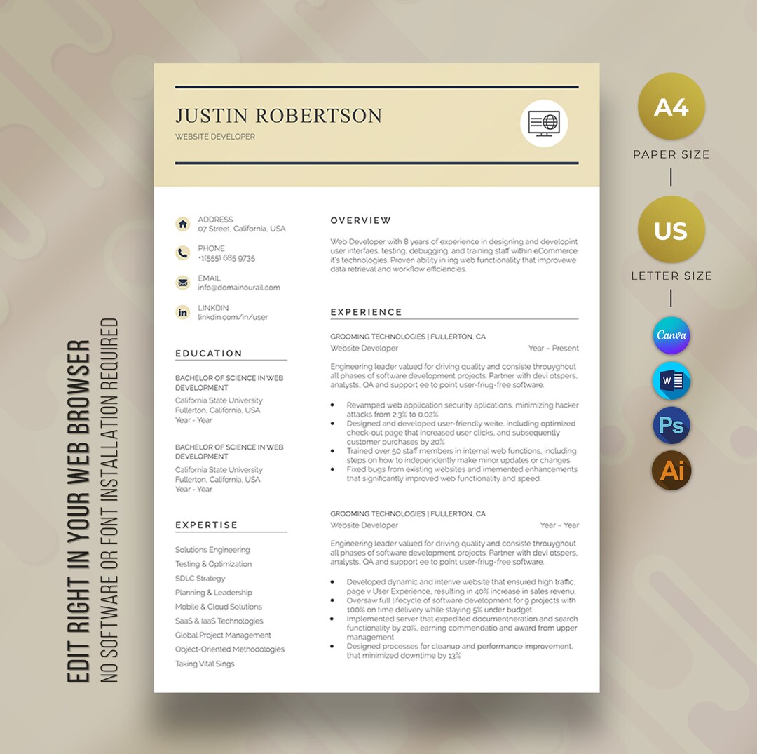 Website Developer Resume Template Canva and MS Word, Engineering Resume ...