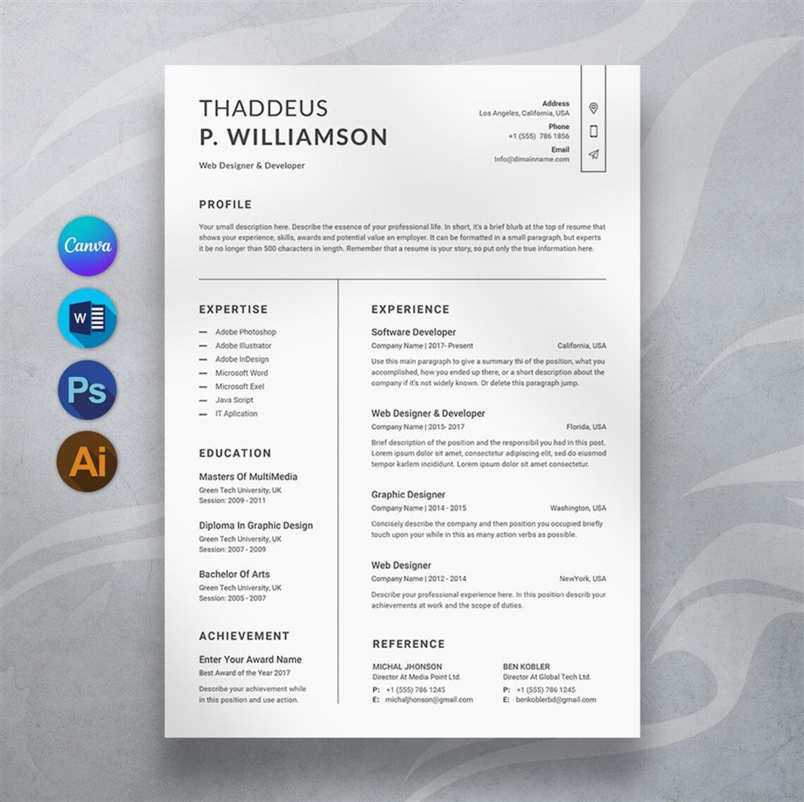 Resume Template CV Template Matching Cover Letter Minimal - Etsy