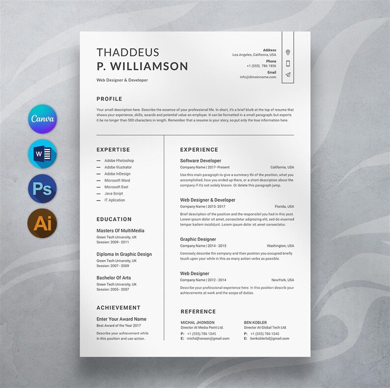 Resume Template, CV Template, Matching Cover Letter, Minimal Resume ...