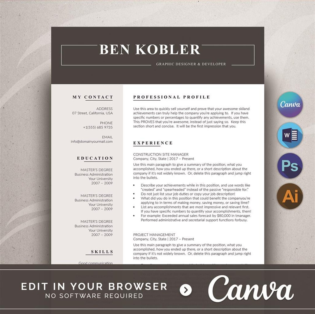 Modern Resume CV Template, , Matching Cover Letter Templates, Editable ...
