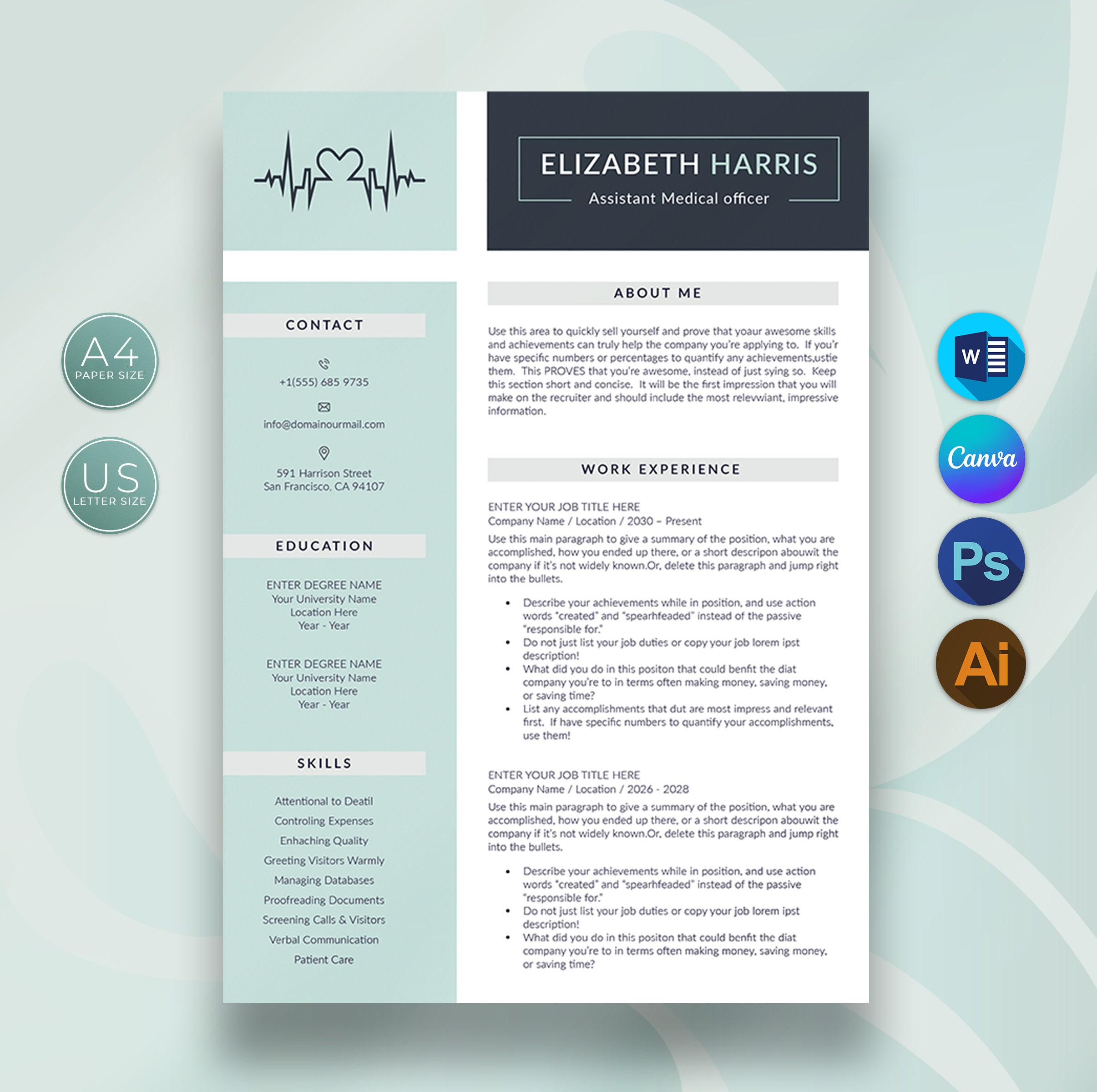 Medical Resume Template for Canva & MS Word, Modern Resume Templates ...