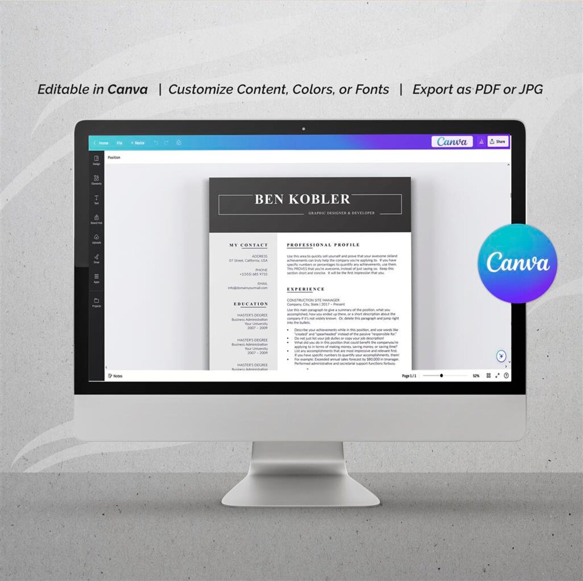Modern Resume CV Template, , Matching Cover Letter Templates, Editable ...