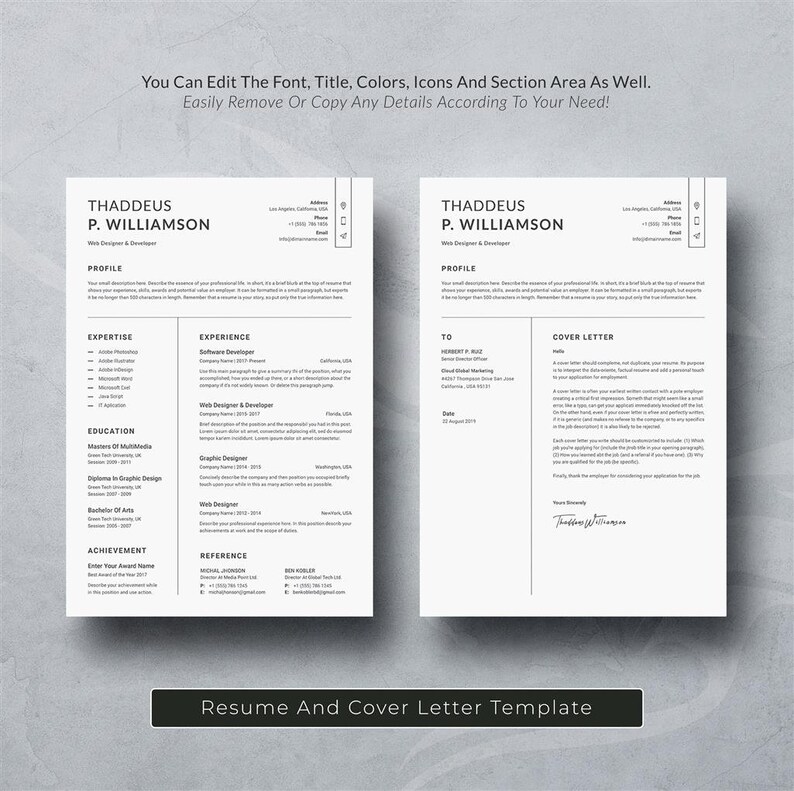 Resume Template, CV Template, Matching Cover Letter, Minimal Resume ...
