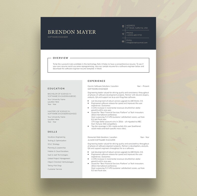 Software Engineer Resume Template Canva and MS Word, Engineering Resume ...