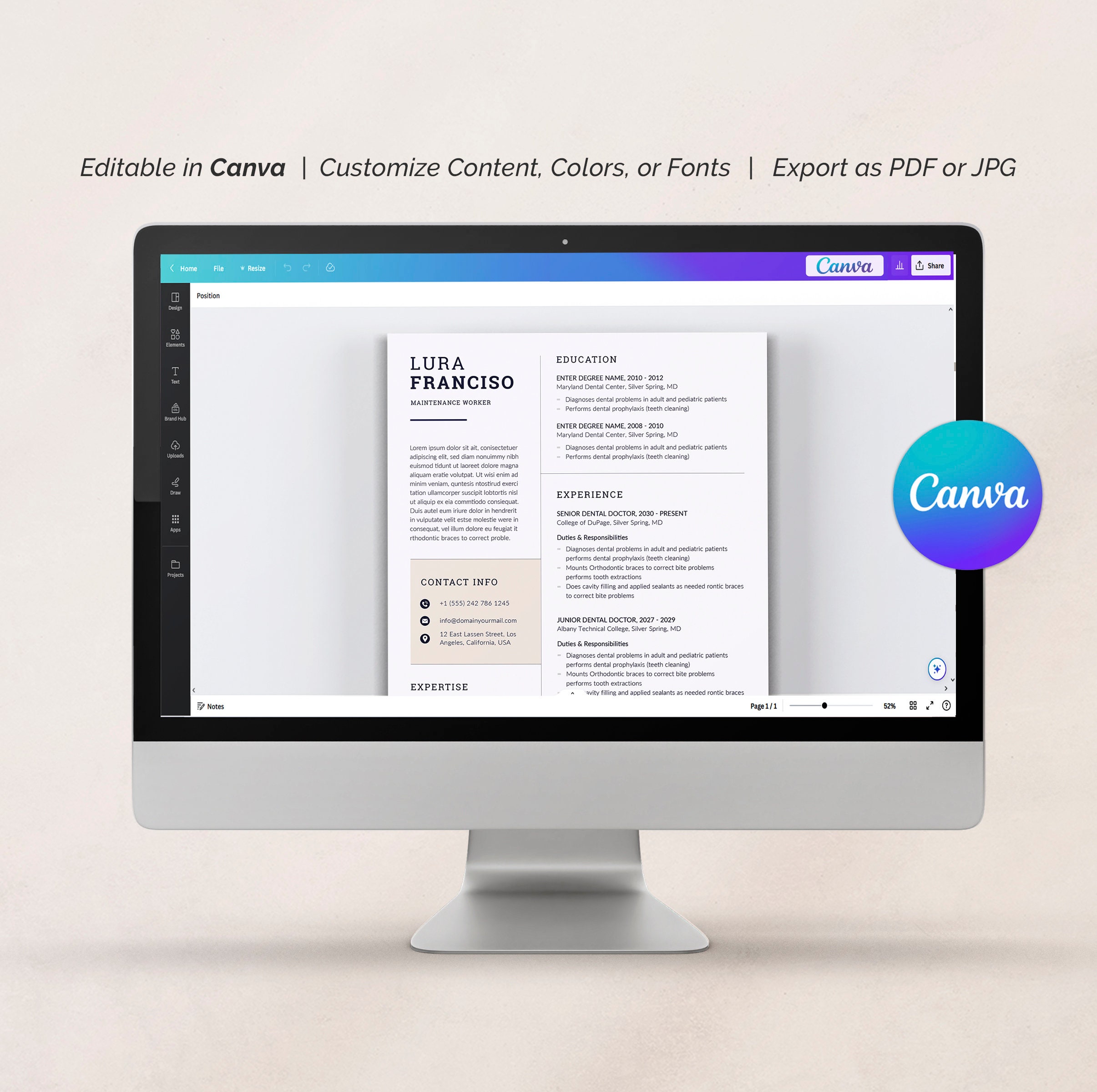 Maintenance Worker Resume for Canva, , CV Template, Cover Letter ...