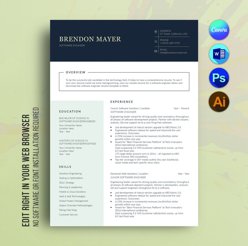 Software Engineer Resume Template Canva and MS Word, Engineering Resume ...