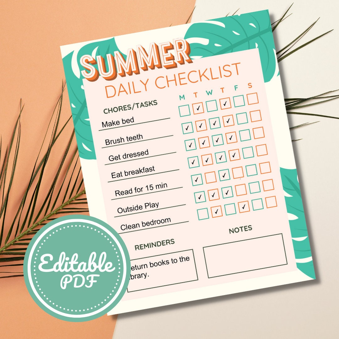 SUMMER Daily Checklist Chart for Kids Responsibility Chore My Daily to ...